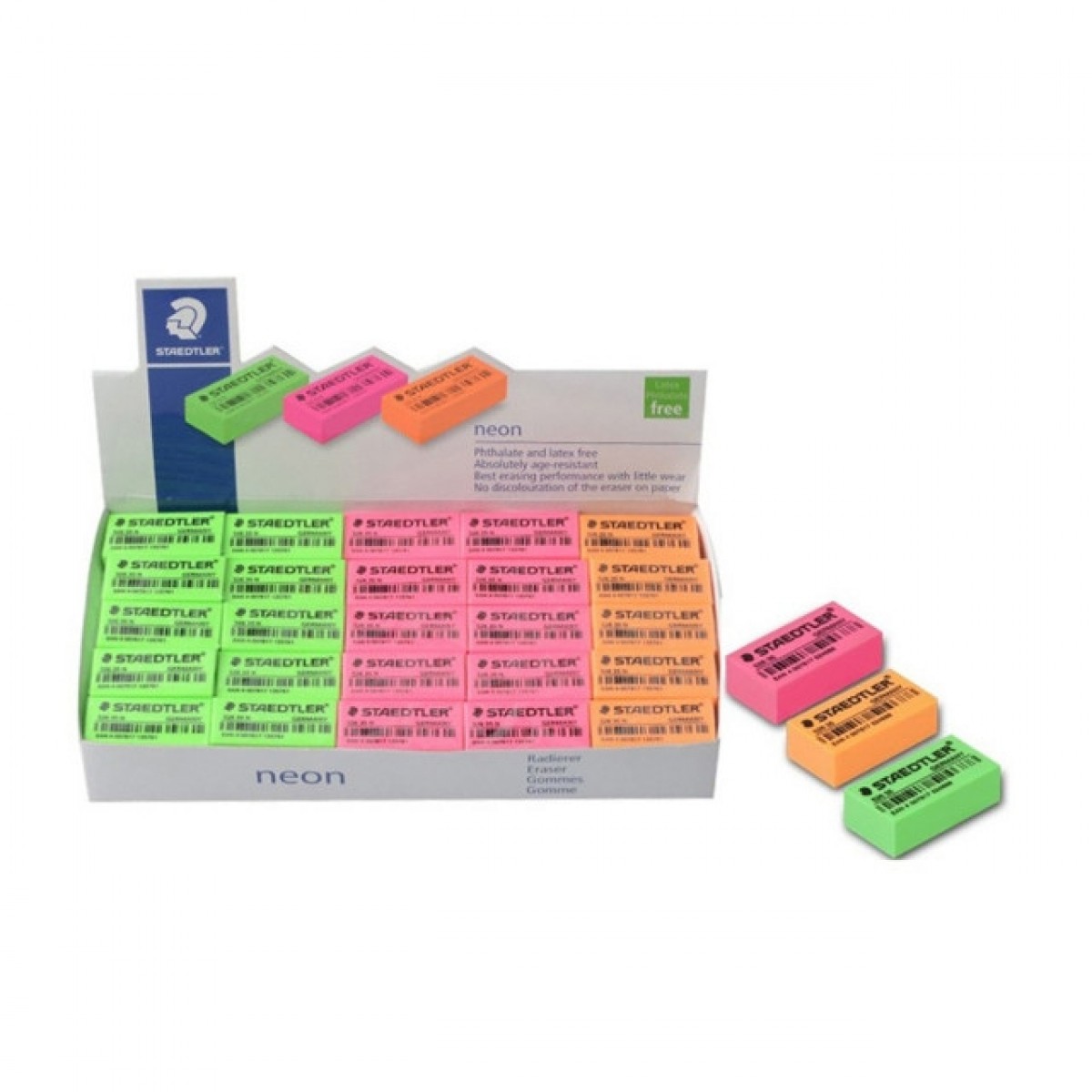 Staedtler erasers in bright neon colours, assorted box of 50 - School ...